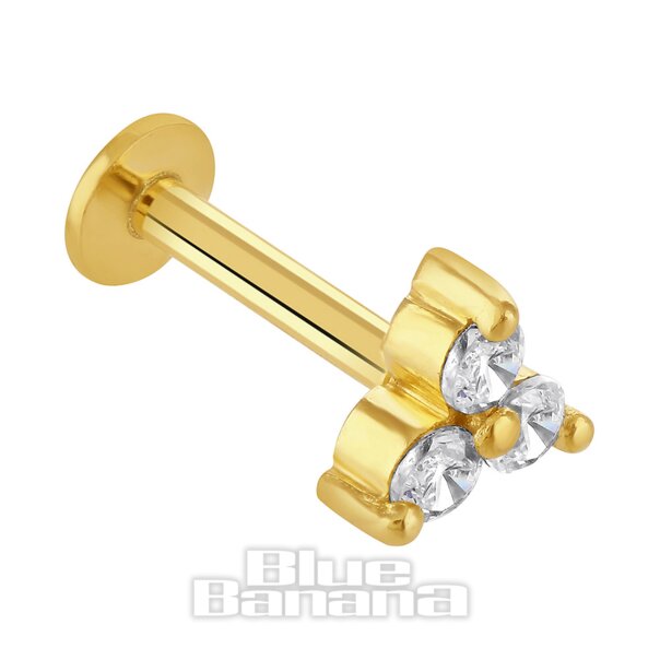 Cubic Zirconia 3 Gem Trinity 9 ct Gold 1.2 x 6mm Labret | Piercing Jewellery