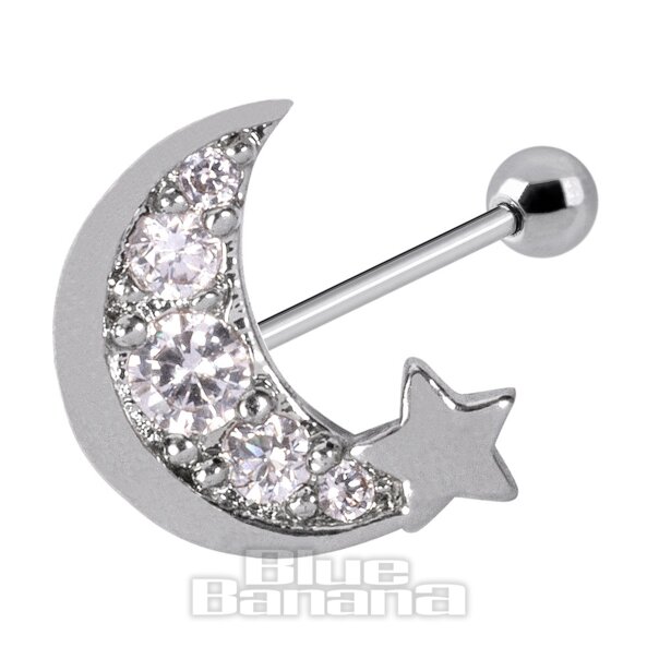 Surgical Steel 1.0mm Silver Moon Tragus Stud, Crescent Earring