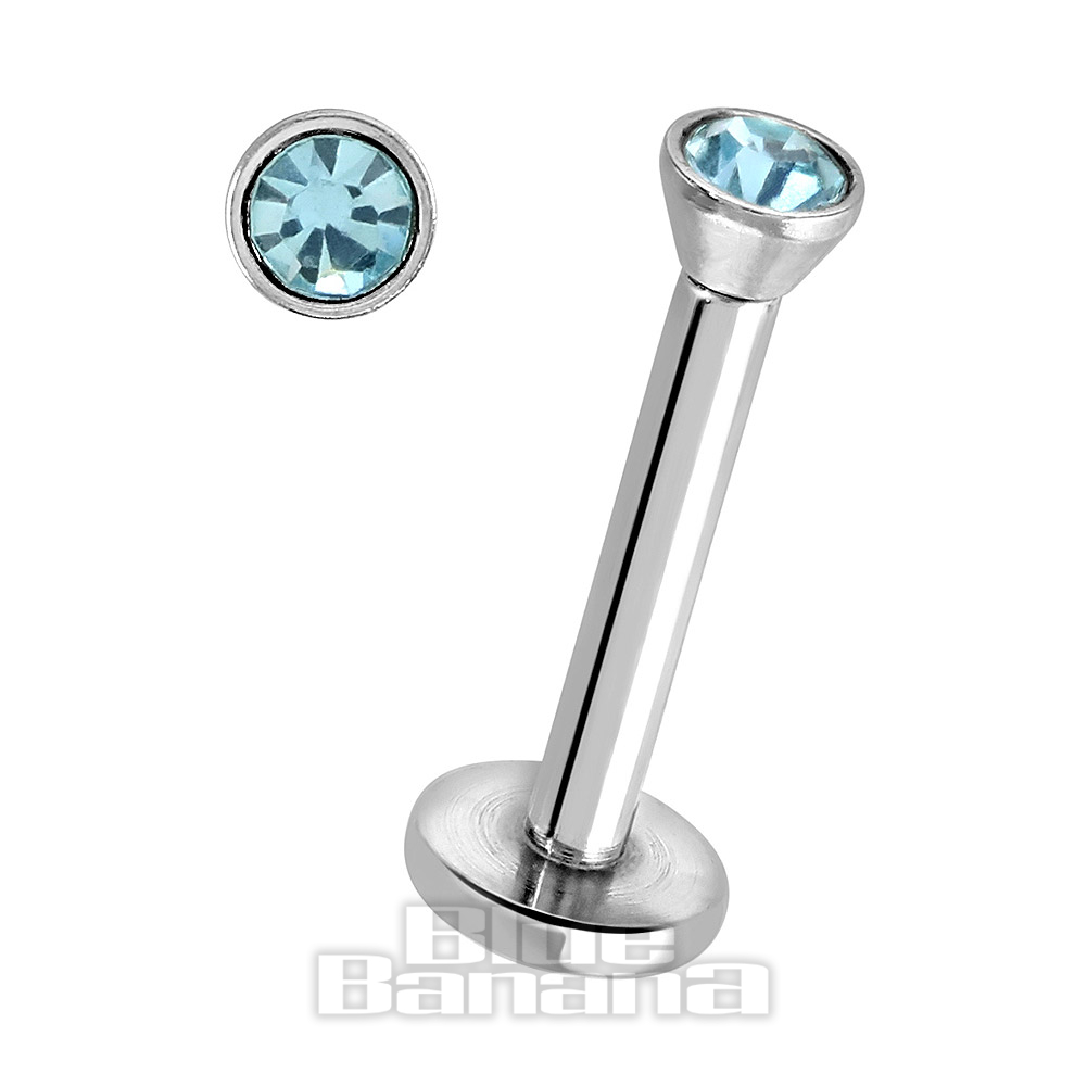 Blue Banana Polished Steel 1.2mm Internally Threaded Aqua Jewelled Labret