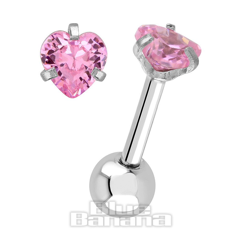 Surgical Steel Rose Pink Heart Gem Tragus Bar, Piercing Jewellery