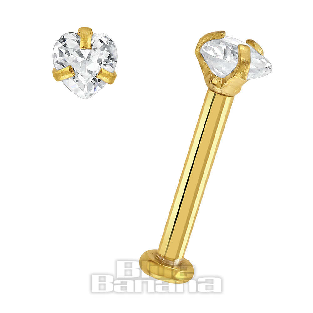 Plasma Gold 1.2 x 8mm Heart 3mm Crystal Labret | Ear & Lip Jewellery