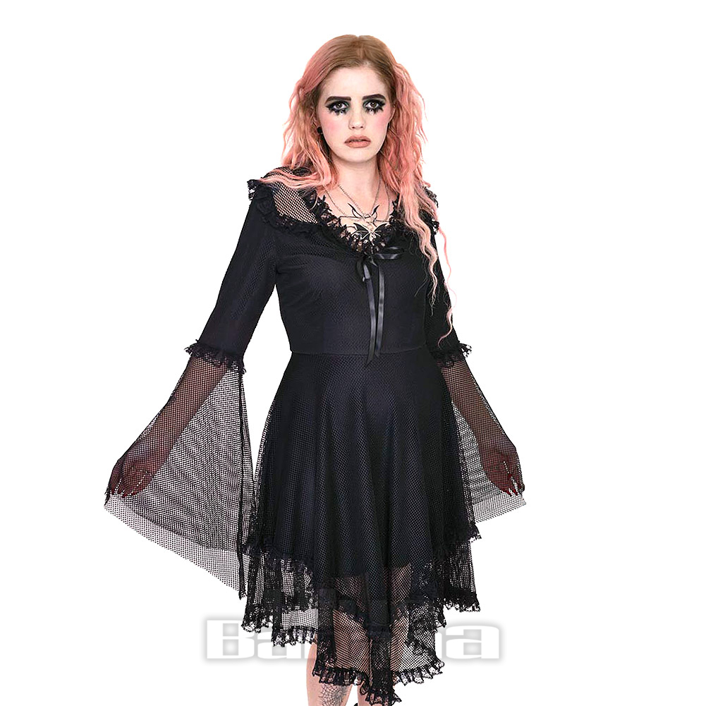 Jawbreaker Fishnet Black Midi Flare Dress | Alt & Gothic