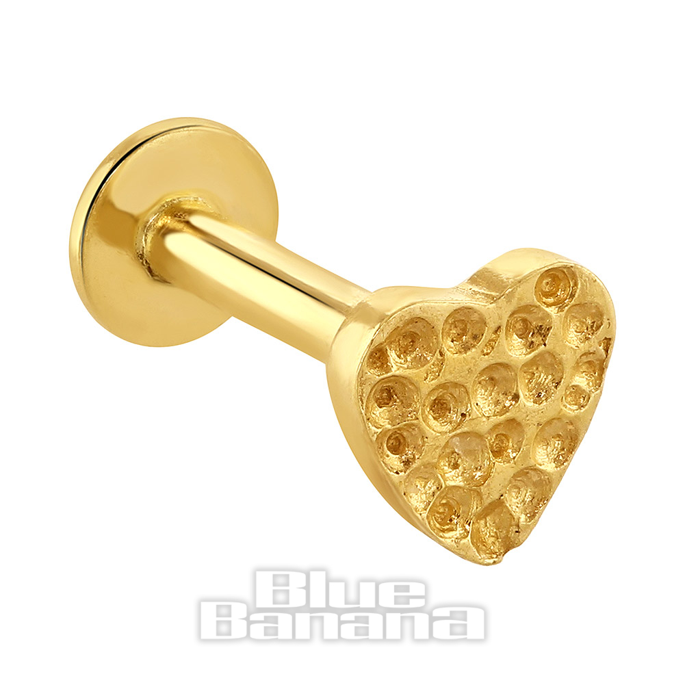 Blue Banana Hammered Heart 9 ct Gold 1.2 x 6mm Labret (Gold) | Piercing ...