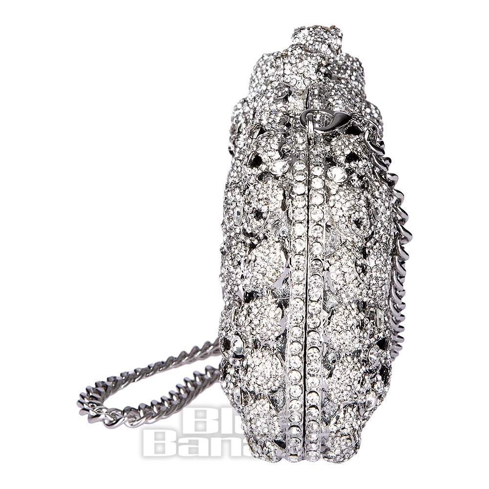 Blue Banana Silver Crystal Encrusted Skulls Handbag - Gothic Skull Bag