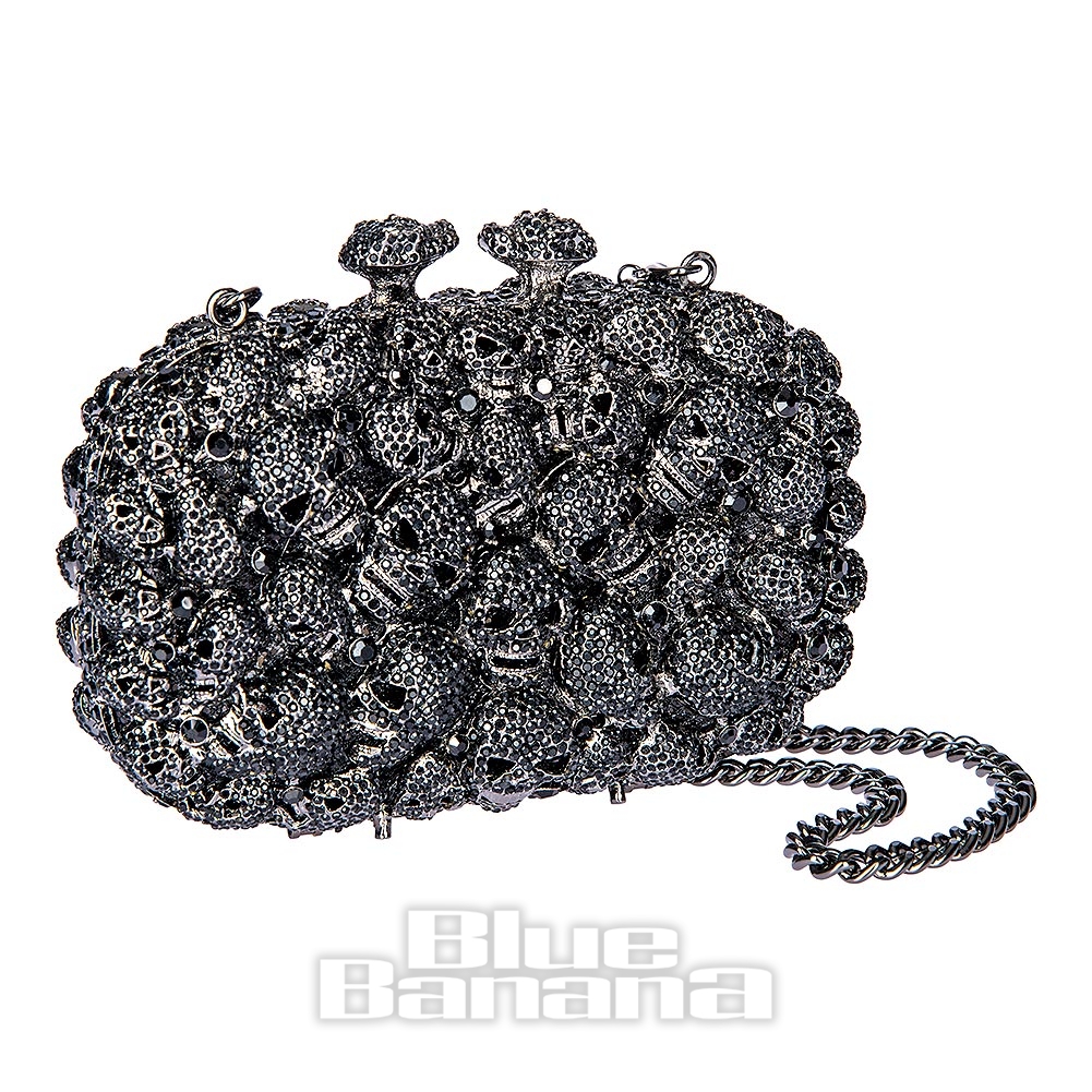 Blue Banana Black Crystal Encrusted Skulls Handbag | Gothic Skull Bag