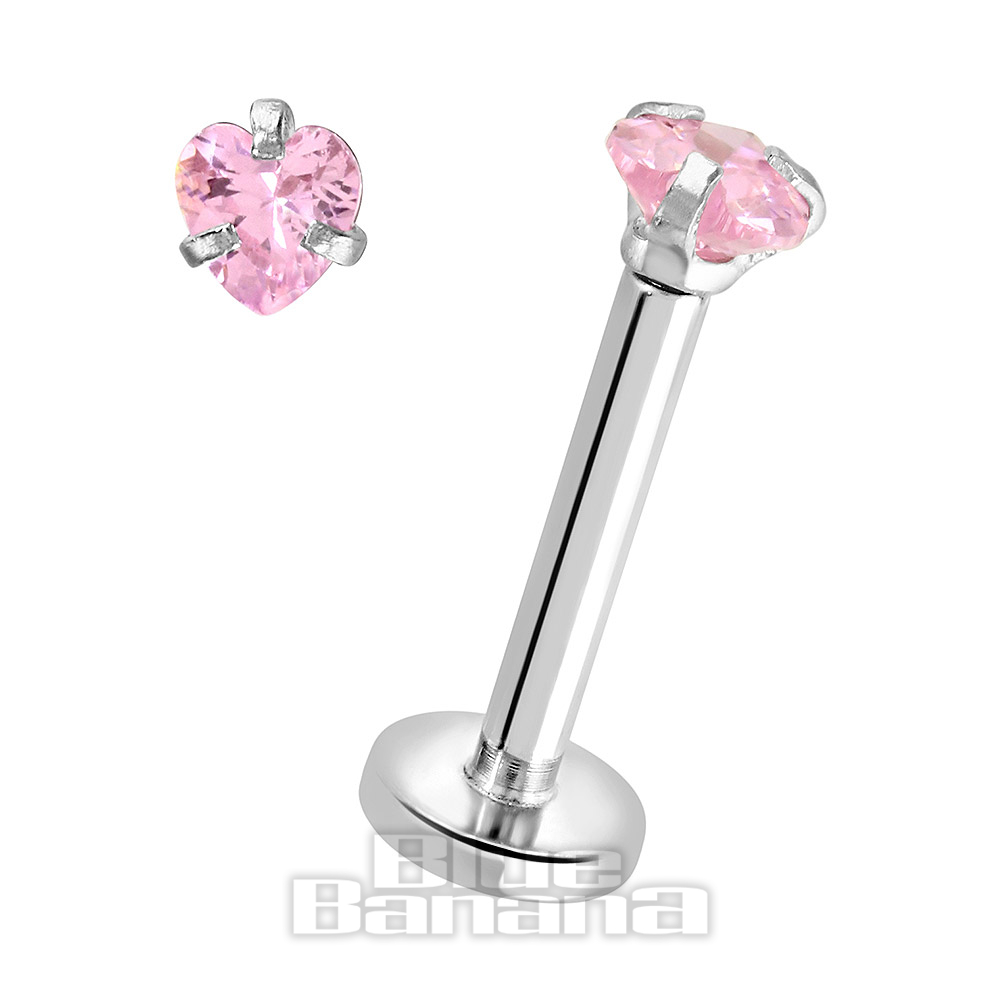 Rose Pink 3mm Heart 1.2mm Labret Jewellery, Body Piercing