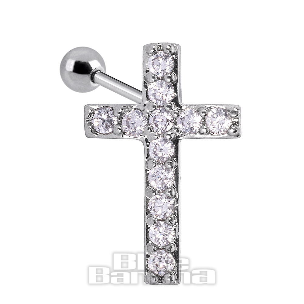 Surgical Steel 1.0mm Silver Crystal Cross Tragus Stud, Piercing