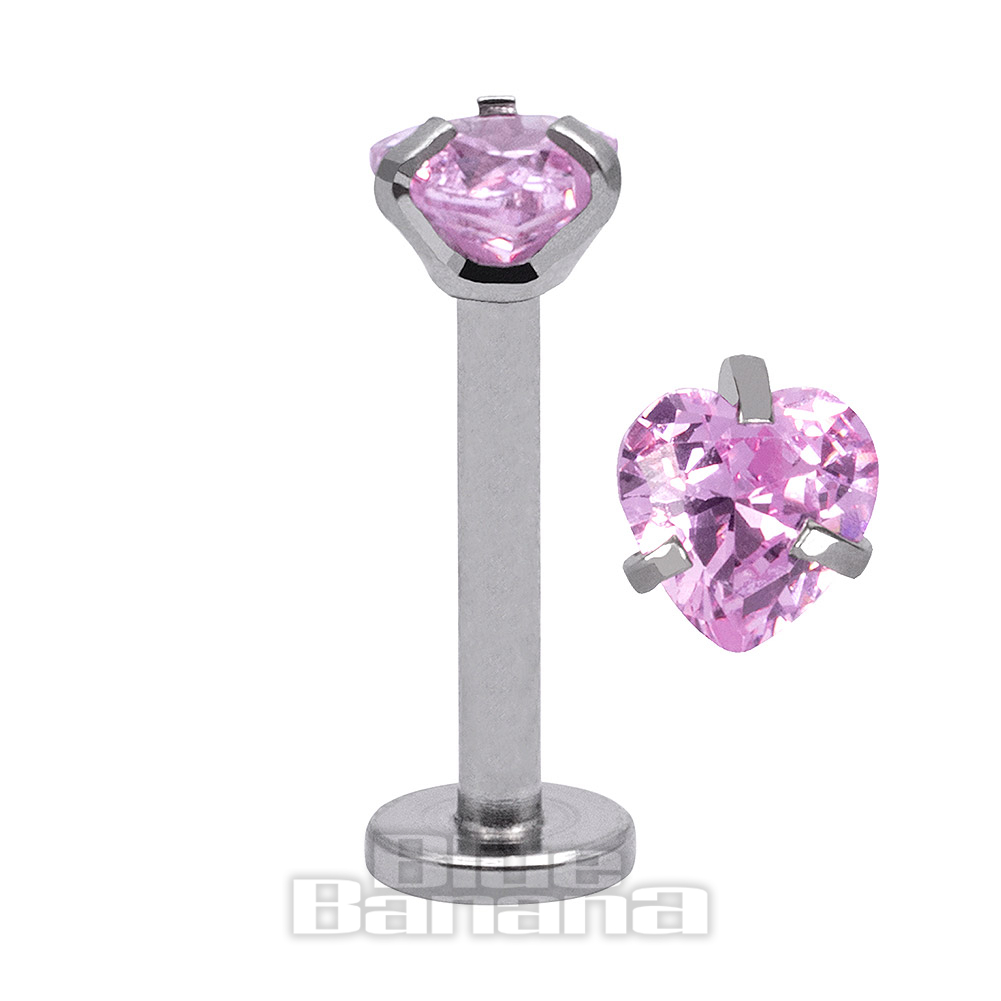 4mm Crystal Heart 1.2mm Rose Pink Labret Jewellery, Body Piercing