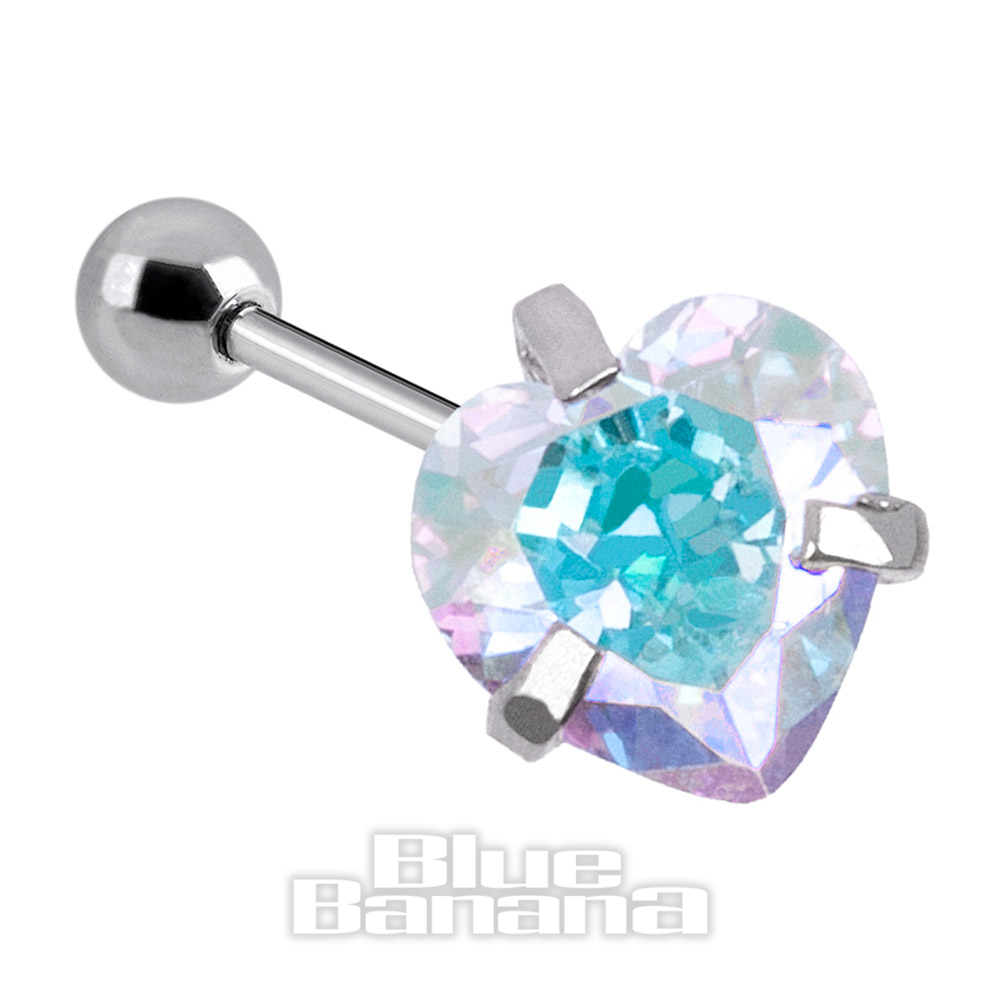 Aurora Borealis Heart Gem Tragus Bar, Piercing Cartilage Jewellery