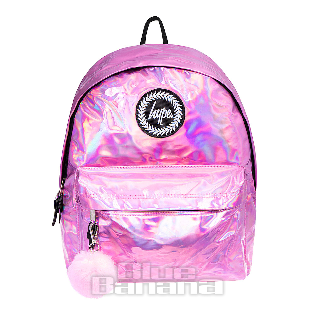 Hype Pink Holographic Pom Pom Backpack, Discount Backpacks