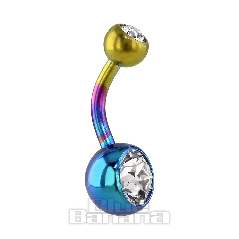 Blue Banana Rainbow Coloured Titanium 1.6mm Double Jewelled Navel Bar ...