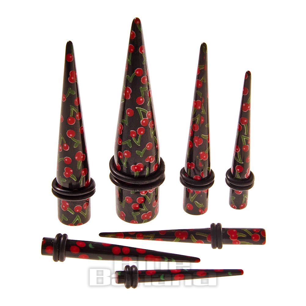 Blue Banana Acrylic Black and Red Cherry Ear Stretcher, Body Jewellery UK