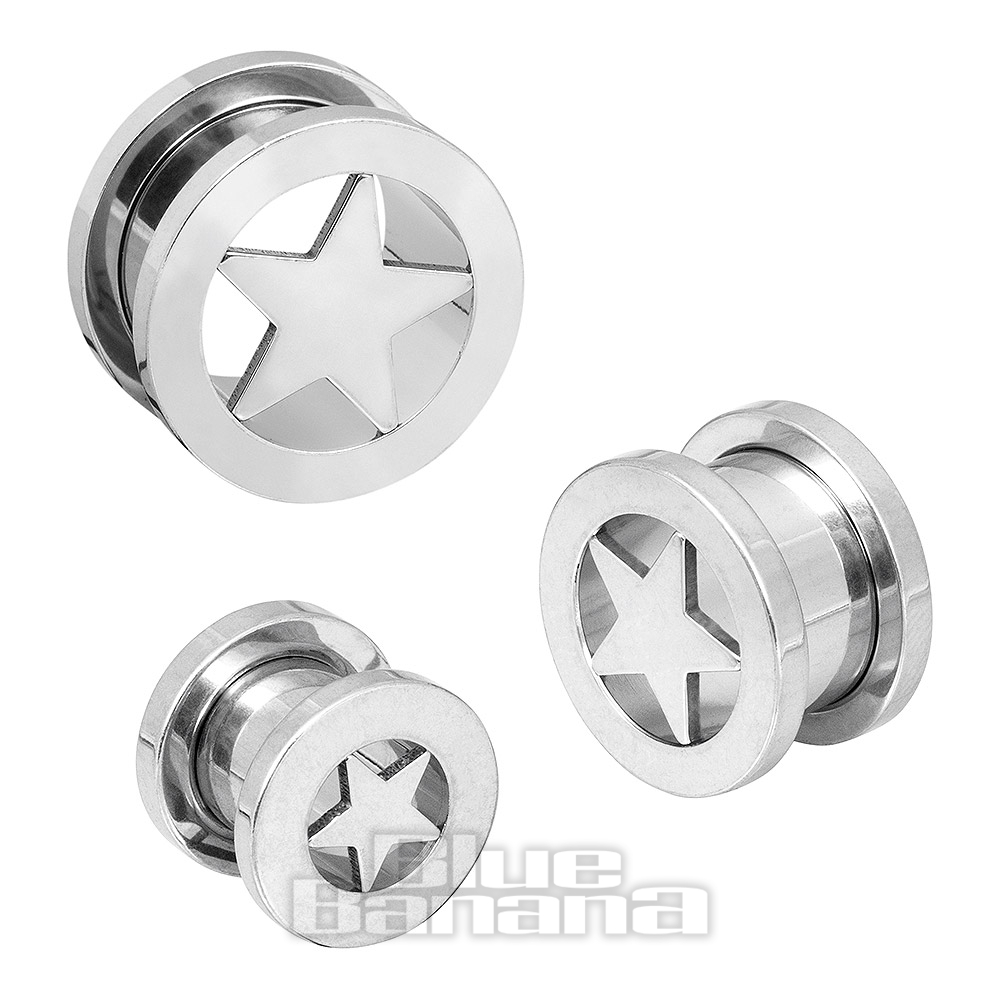 Blue Banana Surgical Steel Silver Star Ear Tunnel 6-14mm, Body Piercing ...